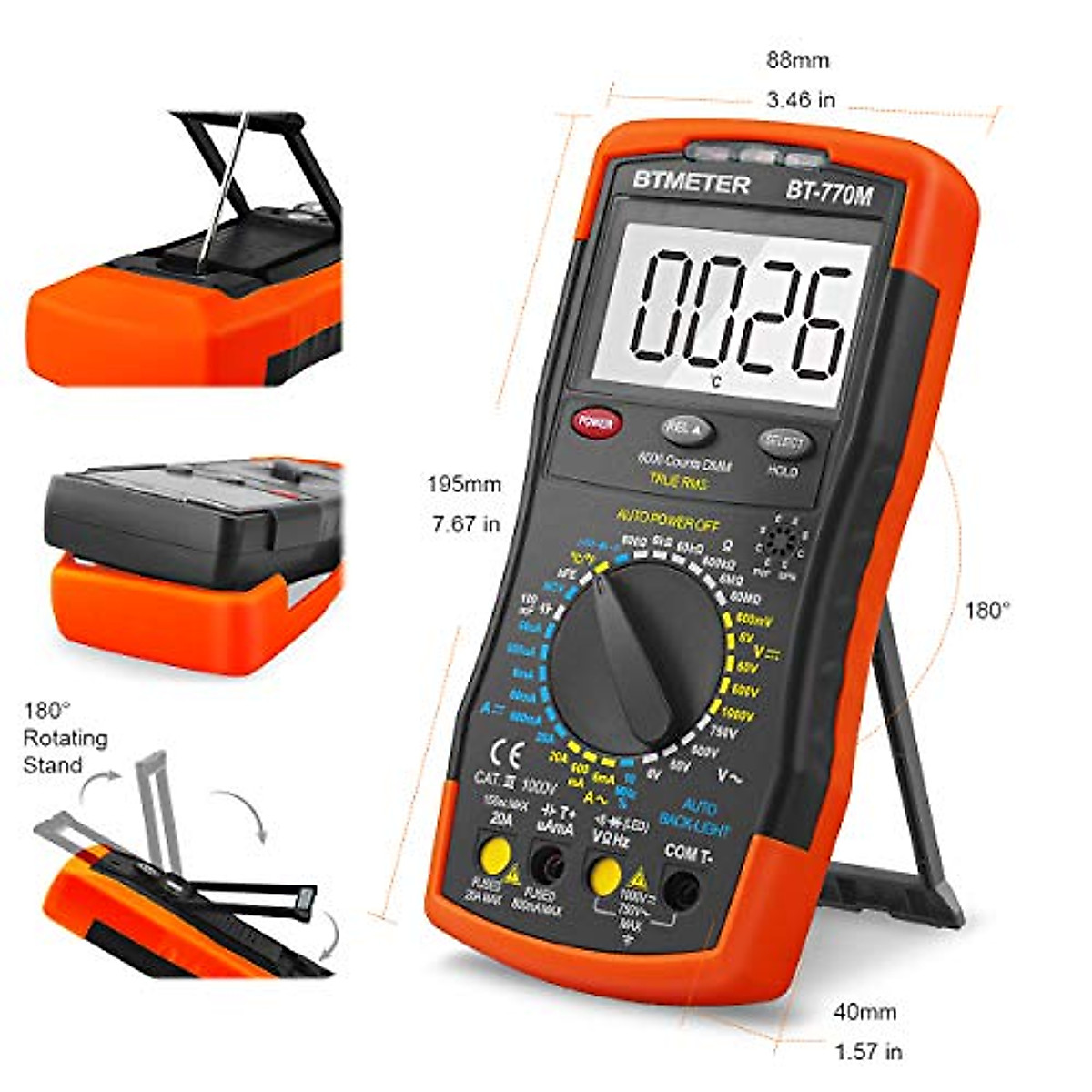 Digital Multimeter TRMS 6000 Count, BTMETER BT-770M Auto/Manual Ranging DMM Electrical Meter Tester for AC/DC Amp, AC/DC Volt, Ohm Capacitance Frequency Continuity Temperature NCV, Auto Backlight