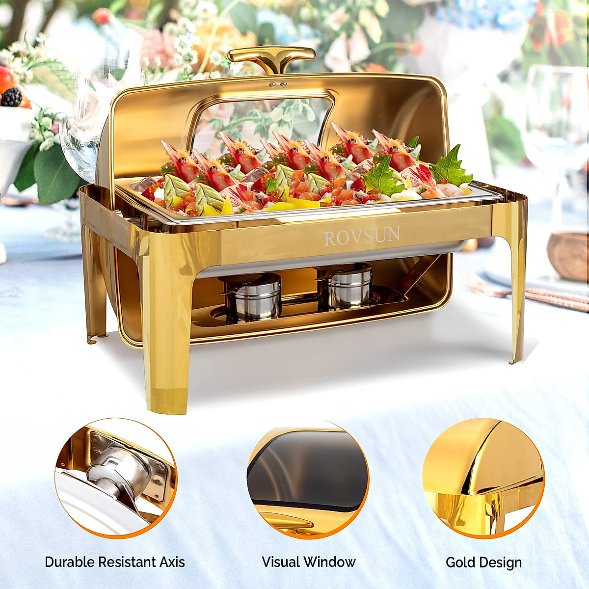 ROVSUN 9QT Roll Top Chafing Dish Buffet Set,Rectangular NSF Stainless Steel Buffet Warmer Chafers and Buffet Warmers Sets with Thick Frame for Catering Events Parties Weddings Dinners,Gold