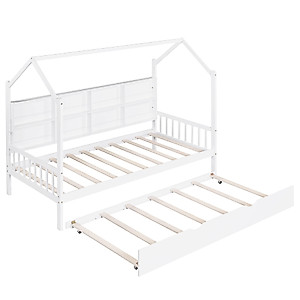 Merax Wood Twin Montessori Daybed with Trundle and Book Shelf, Low Sofa Day Bed for Boys Girls,No Box Spring Needed White
