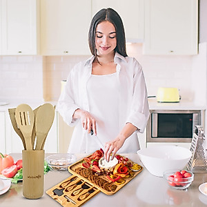 Cheese Board Natural Bamboo Platter with Knife and Forks Set with Ceramic Bowls dubaBoo Charcuterie Platter and Serving Meat, Cheese Board with Slide Out Drawer, Gift for Any Occasion.