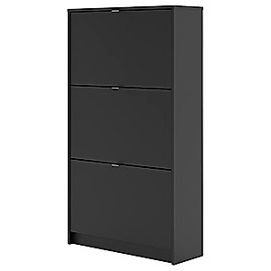 Pemberly Row Modern 3 Drawer Shoe Cabinet, 18-Pair Shoe Rack Storage Organizer in Black Matte