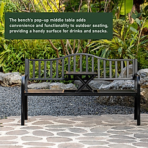 Gardenised QI003461L Outdoor Powder Coated Steel Park Bench, Garden Bench with Pop Up Middle Table, Lawn Decor Seating Bench for Yard, Patio, Garden, Balcony, and Deck