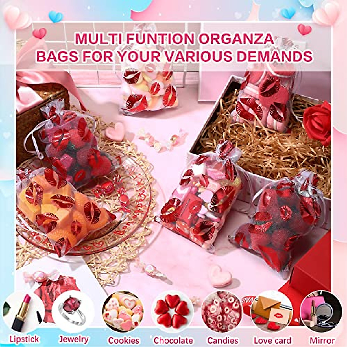 100 Pcs Valentine's Day Organza Bag with Drawstring, Sheer Red Lip Printed Jewelry Gift Pouch, 4 x 6 Inch Mesh Small Favor Bags for Girls Valentines Day Wedding Spa Sleepover Party Decorations