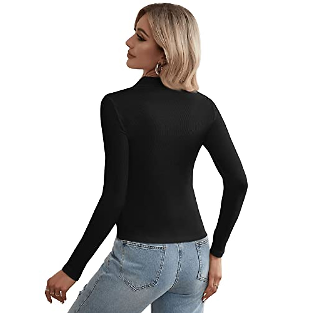 Verdusa Women's Casual Polo Neck Long Sleeve Ribbed Knit Button Up Tee T Shirt Top Black S
