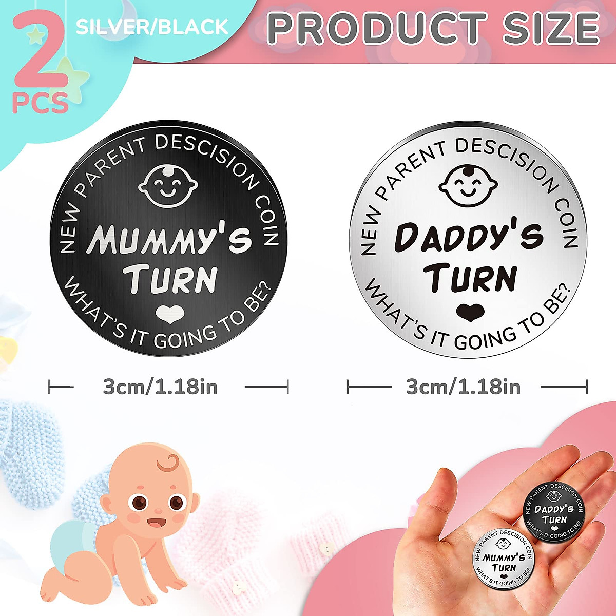 2 Pieces Fun New Parents Decision Coin Double-Sided Decision Making Coin New Baby Presents Pregnancy Presents for First Time Mom New Dad Presents for Christmas Thanksgiving Silver and Black