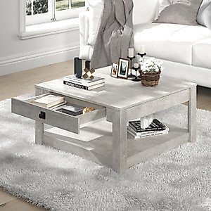 Galano Philia Coffee Table, Modern Top Rectangular Coffee Table with Storage Drawer, 2 Tier Center Table for Living Room, Office, Balcony, 31.5" D x 31.5" W x 16.34" H, Dusty Grey Oak