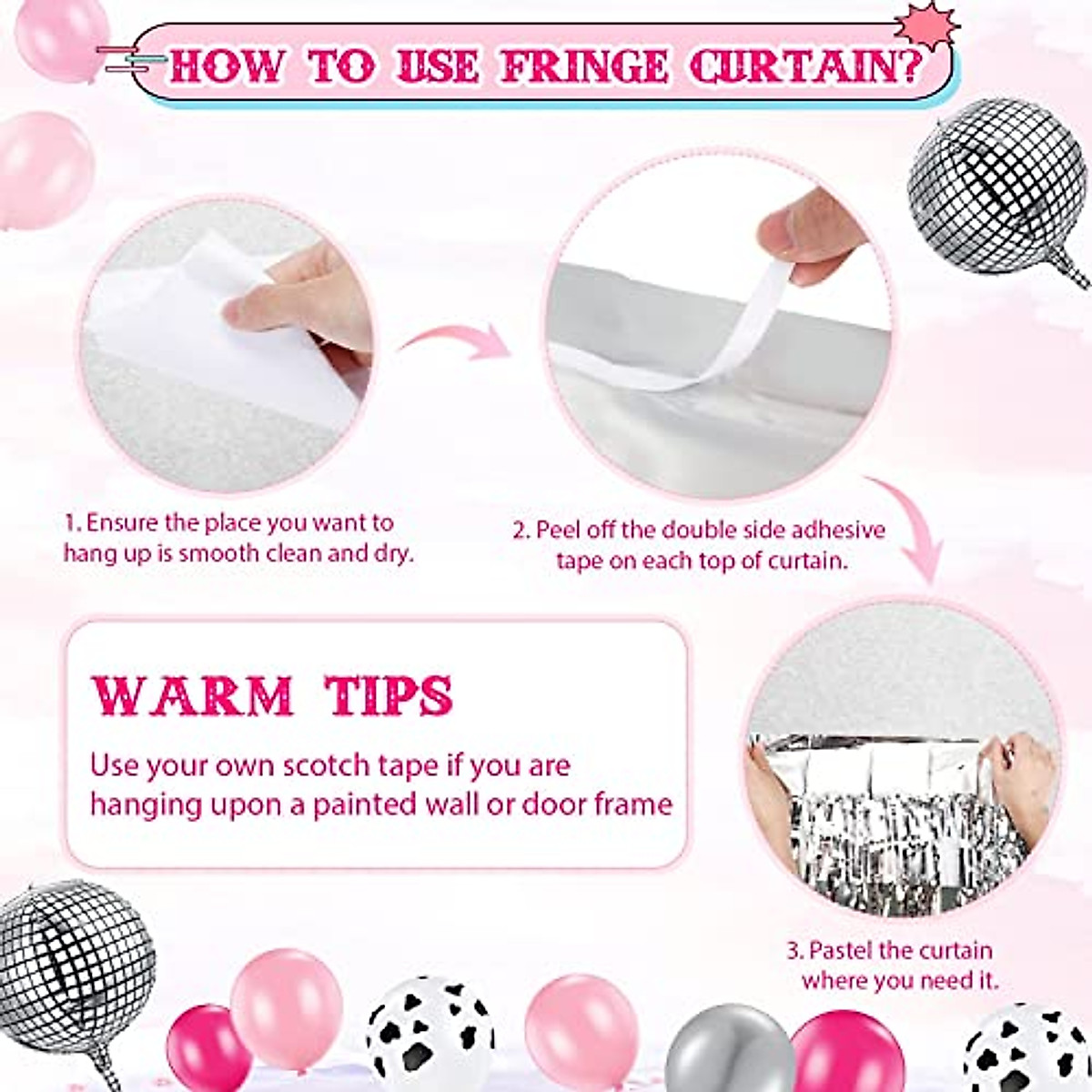 HyDren 95 Pcs Western Disco Party Decorations for Women, Hot Pink Rose Red Silver Cowgirl Balloon Arch 4D Ball Fringe Curtains Theme Last Rodeo Bachelorette Supplies