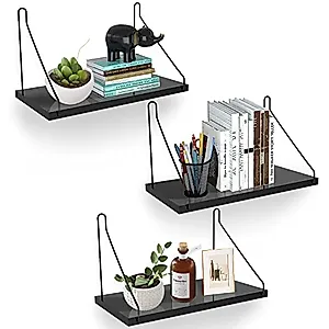 NiHome Set of 3 Small Wooden Floating Shelves, Wall-Mounted Decorative Display Stand with Self-Adhesive Hooks Non-Marking Installation - 11.7"x5.9" Ideal for Home Decor, Organization, Storage (Black)