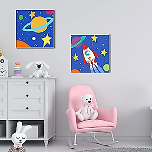 WUSARPLY 2 Pcs DIY Paint by Numbers for Kids - Premium Moon Star Painting Canvas with Wooden Framed Easy Number Painting Set for Girls Boys Beginner Colorful Sun Rocket Pattern 7.8"x7.8"