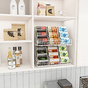 2 Pack-Stackable Can Rack Organizer for Pantry Storage, Can Dispensers with 4 Adjustable Dividers, 2-Tier Metal Wire Basket Beverage Pop Soda Rack for Kitchen Cabinet Pantry, White, Black