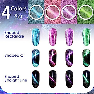 Allstarry Cat Eye Chrome Powder 4 Colors 3D Magnetic Aurora Nail Powder Metallic Pigment Galaxy Effect Glitter Resin Pigment with Magnet Pen for Nail Art Manicure Gel Polish