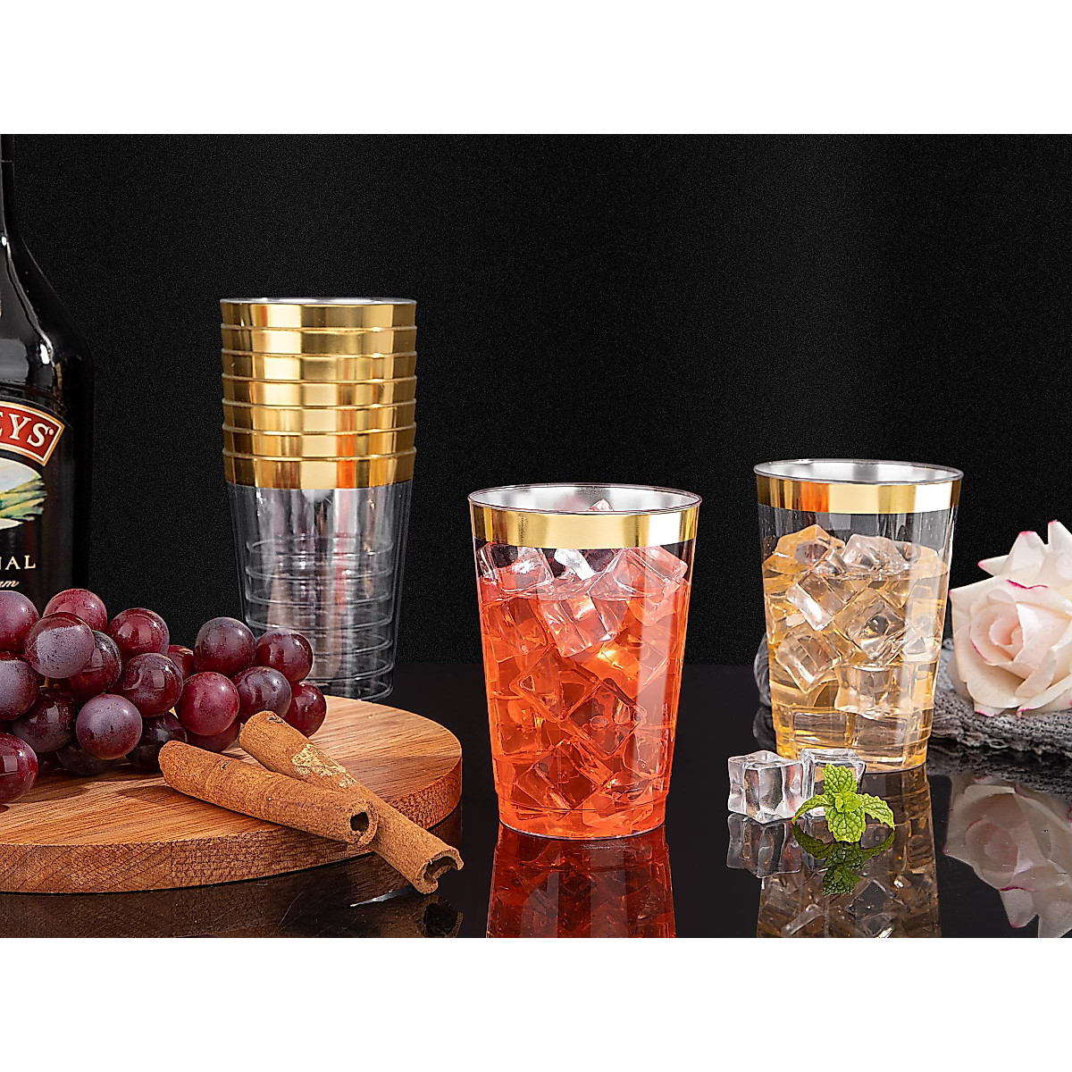 Nervure 120PCS Gold Rim Plastic Cups - 12oz Heavy Duty Plastic Cups - Fancy Clear Disposable Cups with Gold Rimmed for Wedding, Birthday, Party