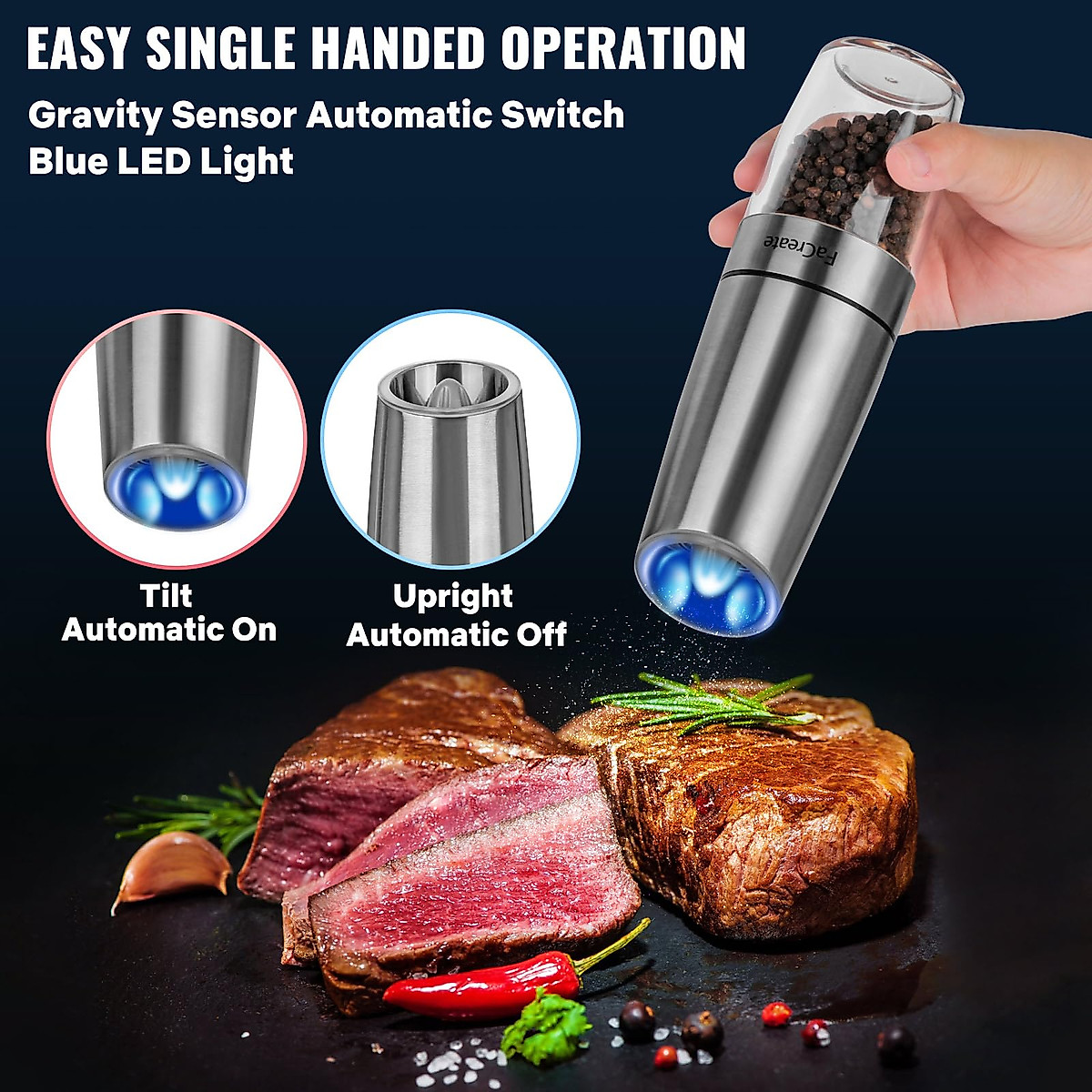 FaCreate Gravity Electric Salt and Pepper Grinder Set,Battery Powered Automatic Operation Electric Salt and Pepper Shakers,LED Light Adjustable Coarseness Premium Stainless Steel Mill of 2 (SILVER)