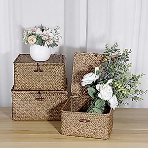 Hipiwe Wicker Shelf Baskets Bins with Lid Handwoven Storage Baskets Boxes Natural Seagrass Basket Box Home Decorative Household Organizer Bins Boxes for Shelf Organizing,Set of 3
