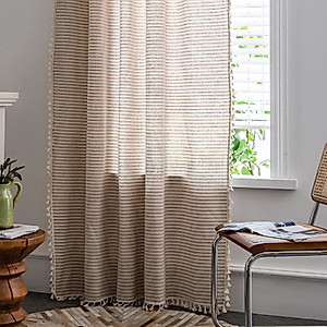 ColorBird Striped Semi-Blackout Window Curtains 2 Panels Farmhouse Style Cotton Linen Darkening Curtains with Tassel Rod Pocket Window Drapes for Dining Living Bedroom (52" W x 84" L, 1 Pair, Beige)