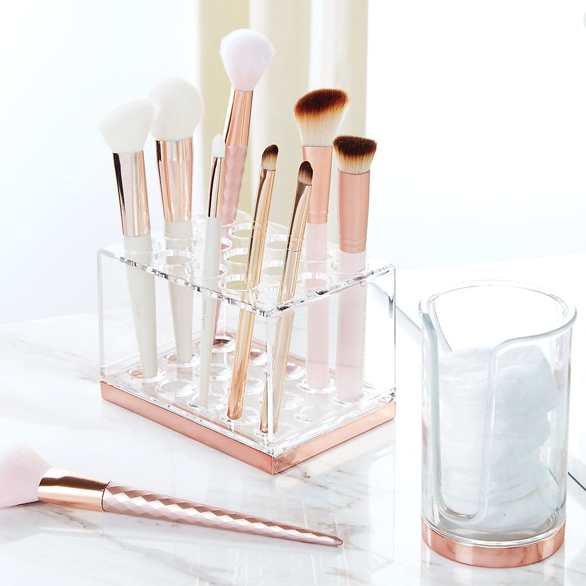 mDesign Plastic Makeup Brush Storage Organizer with 15 Slots for Bathroom Countertop, Vanity to Hold Eye/Lip Pencils, Lip Gloss, Liners, Lipstick - Clear/Rose Gold