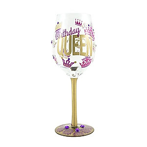 Top Shelf “Birthday Queen” Decorative Wine Glass ; Funny Gifts for Women ; Hand Painted Purple and Gold Design ; Unique Red or White Wine Glasses