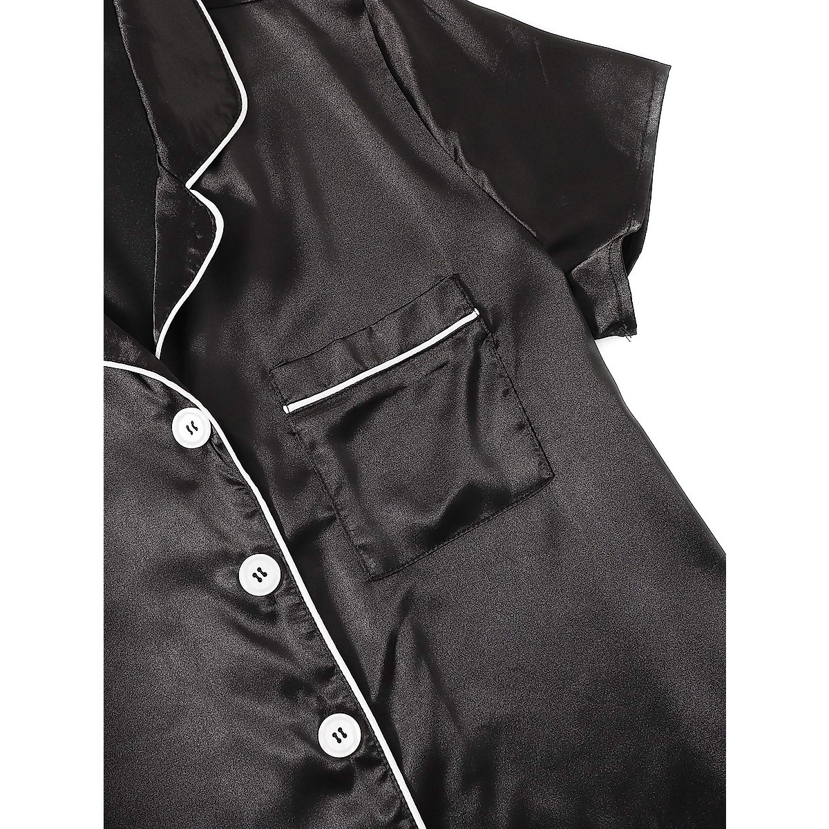 WDIRARA Women's Pajama Sets Satin Short Sleeve Down Shirts and Shorts Sleepwear PJ Set Dull Black Medium