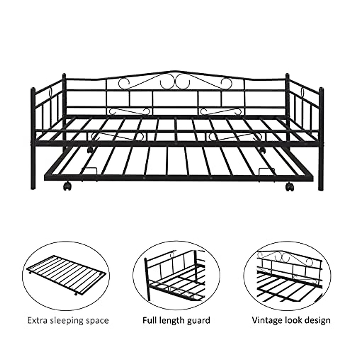 Twin Daybed with Trundle Metal Day Bed Frame with Pullout Trundle, Heavy-Duty Daybed for Living Room Bedroom Kids Teens and Adults, Black
