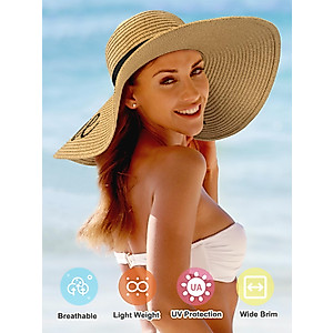 Floppy Beach Hats for Women, Foldable Wide Brim Sun Hat Embroidered Roll up Straw Hat - Vocation, Honeymoon, Travel Khaki