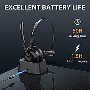 Tribit Bluetooth Headset, Wireless Headset with Microphone Qualcomm CVC 8.0 AI Noise Canceling for Trucker Office, 50H Talk Time Mute Button Headset with Adapter for Computer Cell Phones, CallElite81