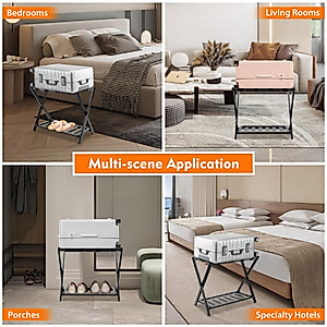 KONGKUNI 2-layer Luggage Rack for Guest Room, Foldable Suitcase Stands, Bamboo Luggage Holder with Storage Shelf, for Guest Room, Bedroom, Hotel,Holds up to 220 lb,Black