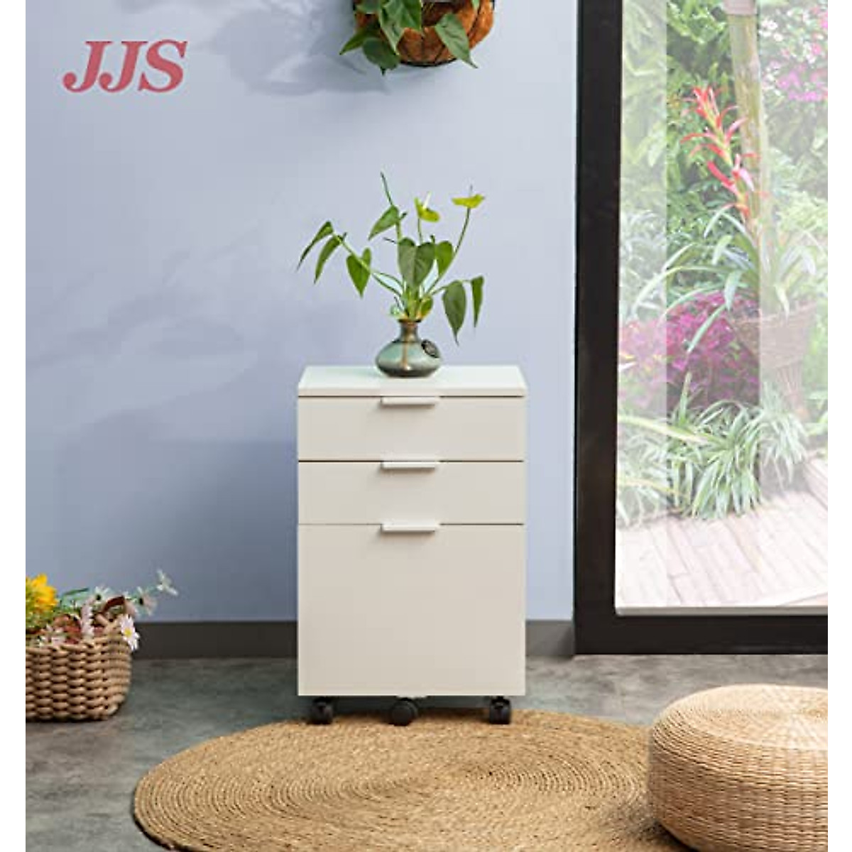 JJS 3 Drawer Rolling Wood File Cabinet with Locking Wheels, Home Office Portable Vertical Mobile Wooden Storage Filing Cabinet for Letter Size, White