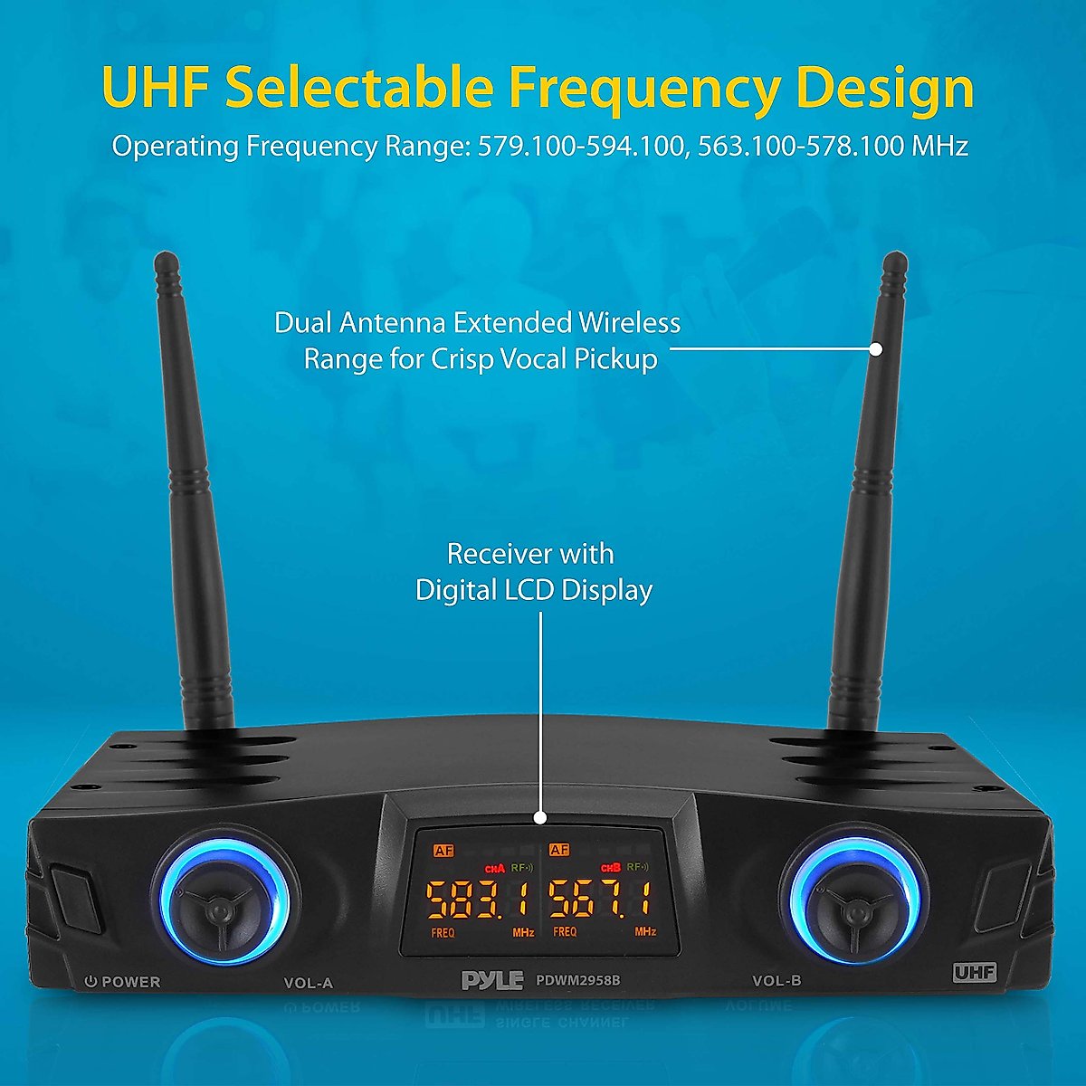 Pyle Compact UHF Wireless Microphone System-Pro Portable Dual Channel Desktop Digital Set w/ 2 Belt-Pack Transmitter, Receiver, 2 Headset, Lavalier Mics, XLR, for Home, PA (PDWM2958B.5)