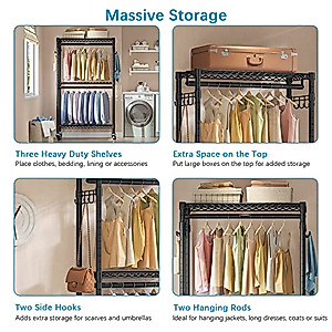 VIPEK V12 Rolling Clothes Rack Heavy Duty Clothing Rack for Hanging Clothes Adjustable Metal Wire Shelving Portable Closet with Wheels Side Hooks, Freestanding Closet Wardrobe, Medium Size, Black