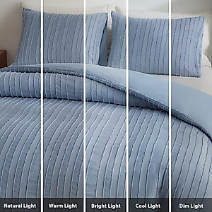 WARMDERN Blue Boho Duvet Cover King Size, Striped Textured Duvet Cover Set Tufted Bedding Set, 3 Pcs Ultra Soft Washed Microfiber Duvet Cover with Zipper Closure (King, Blue)