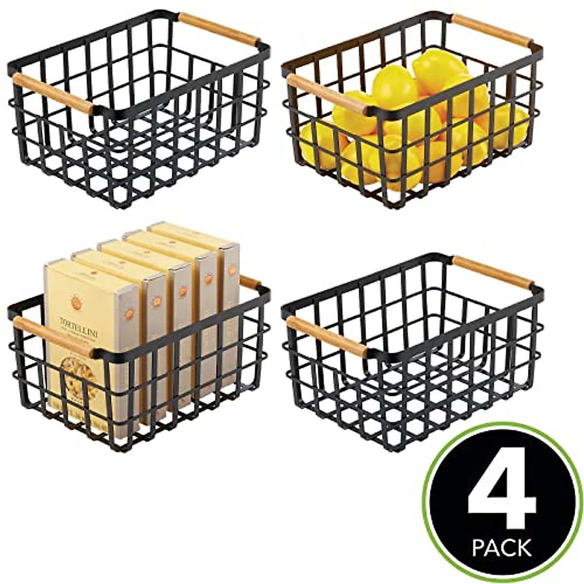 mDesign Metal Wire Food Organizer Storage Bin Basket with Bamboo Handles for Kitchen Cabinets/Pantry Organizing - Farmhouse Decor - Yami Collection - 4 Pack - Matte Black/Natural