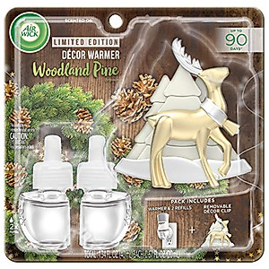 Air Wick Plug in Scented Oil Starter Kit with Tree and Reindeer Free Decorative Warmer + 2 Refills, Woodland Pine, Fall Scent, Fall Spray, (2x0.67oz), Essential Oils, Air Freshener