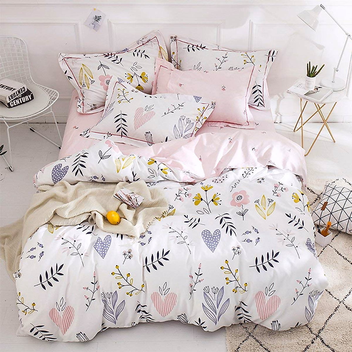 Fresh Flower Print 4 PCS Bedding Set 【1 Queen Duvet Cover + 2 Standard Pillowcases + 1 Queen Fitted Sheet】