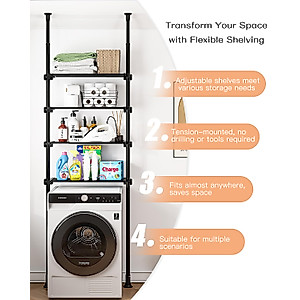 ALLZONE Adjustable Over The Toilet Storage Shelf, 4-Tier Ample Over Toilet Bathroom Organizer and Storage,Tension Mounted Above Toilet Storage Cabinet for Versatility, Fits 64-113 Inch Heights, Black