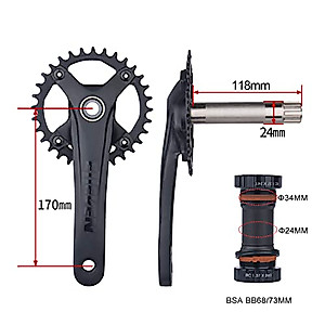 VIARON 170mm Bike Crankset 32T/34T/36T Hollow Integrated 104BCD Single Speed Round Chainring Crankset with Bottom Bracket (34T)