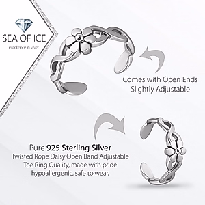 SEA OF ICE Toe Rings for Women Sterling Silver – Braided Flower Daisy Ring for Women – Premium 925 Sterling Silver Toe Rings for Women – Adjustable Silver Band Ring