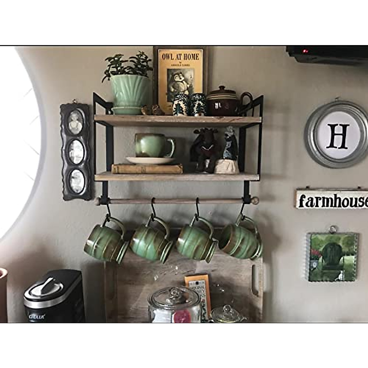 Spiretro Floating Shelves 2 Tier Wall Shelf, Spice Rack with Towel Tissue Bar, Metal Hooks Organize Mugs Utensils, Home Storage for Kitchen, Bathroom, Rustic Wood_Grey