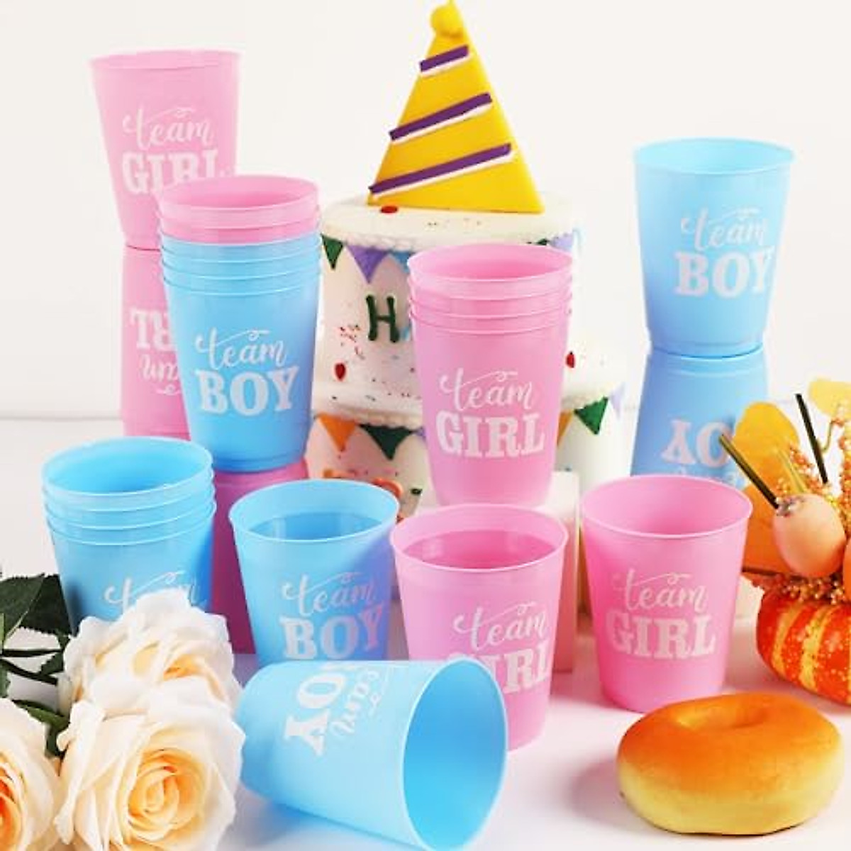 24 Pcs Gender Reveal Party Cups Reusable Gender Reveal Plastic Tumblers Team Boy Team Girl Plastic Drinking Cups 12oz Party Supplies Decorations for Gender Reveal Baby Shower Birthday Party Favors