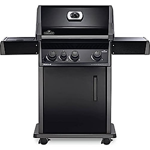 Napoleon Rogue 425 BBQ Grill, Black, Propane Gas - R425SBPK-1-OB - With Three Burners and Range Gas Side Burner, Barbecue Gas Cart, Folding Sideshelves, Instant Failsafe Ignition