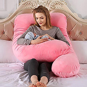 CDEN Pregnancy Pillow, U Shaped Full Body Pillow 55", Maternity Pillow Support for Back, Legs, Neck, HIPS for Pregnant Women with Removable Washable Velvet Cover(Pink)