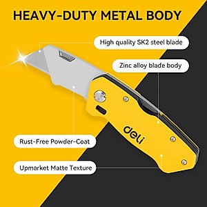 deli Folding Utility Knife Box Cutter Quick Change Blades, Back-lock Small Utility knife, Portable Belt Clip, with 5-Piece Extra Blades, Yellow
