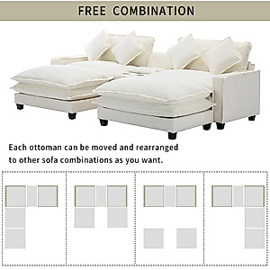 P PURLOVE Sectional Sofa with 2 Removable Ottomans, Chenille Upholstered Sofa with 2 USB Ports, 2 Cup Holders and Large Storage Box for Living Room, Beige