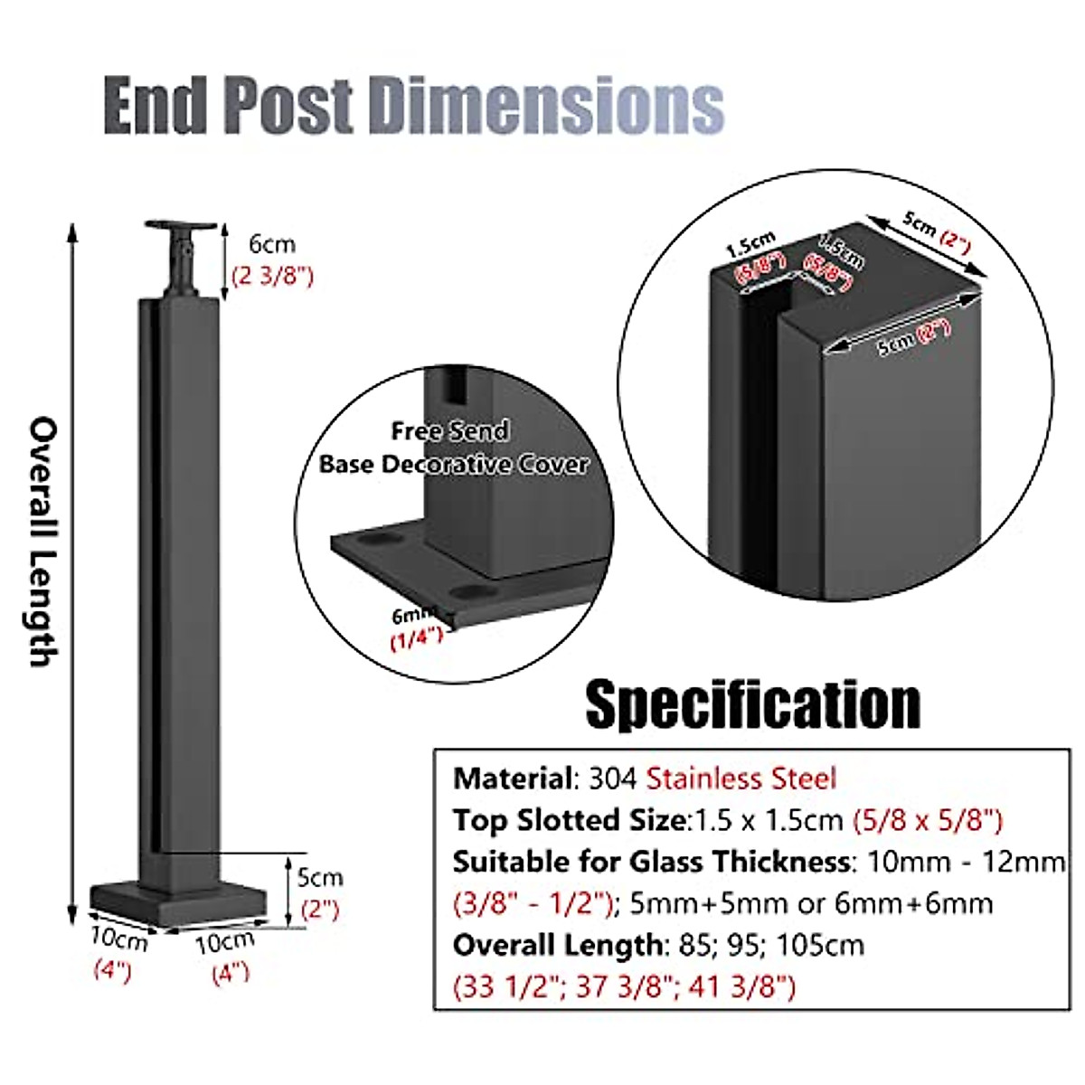 Glass Railing Post Black Metal Glass Railing Post for Indoor Outdoor, Heavy Duty Floor Standing Square Balustrade System with Base Cover, Deck Balcony Loft Guardrails