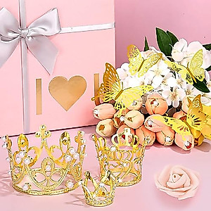 cridoz 163Pcs Flower Bouquet Accessories, 15Pcs Mini Crowns with 48Pcs Gold 3D Butterfly Decorations and 100Pcs Corsage Boutonniere Pins for Flower Arrangements, Small Crowns for Cake Topper