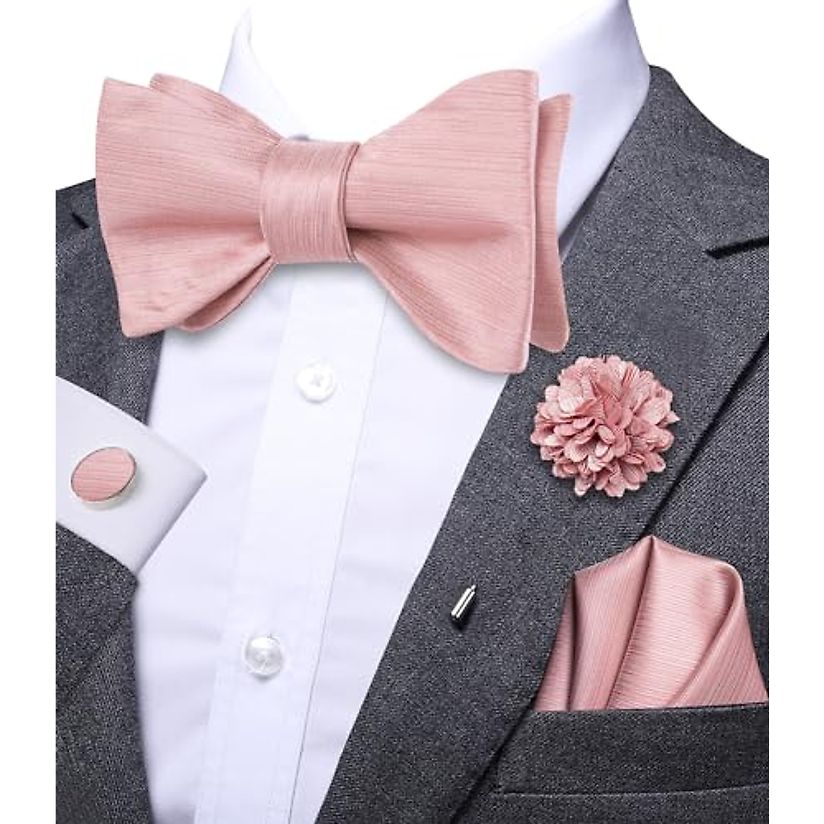 Dubulle Self Tie Bow Ties and Lapel Pin for Men Paisley Solid Mens Bowtie and Handkerchief Cufflinks Set Wedding,Blush Rose Gold