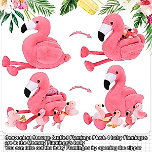 Skylety 18 Inches Flamingo Stuffed Animal with 4 Babies Flamingo Plush Toys Inside Zippered Tummy Pink Mommy Flamingo Toy Stuffed Animals for Birthday Party Decorations