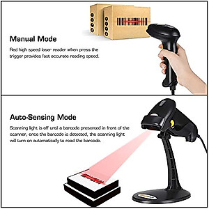 WoneNice Barcode Scanner, Wired Handheld USB Laser Automatic Bar Code Scanner Bar-Code Reader with Stand, Support Windows/Mac/Linux for Store, Supermarket, Warehouse, Small Business - Black