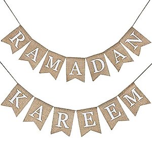 Ramdan Kareem Bunting Banner Eid Celebration Hanging Banner Burlap Bunting Decoration for Ramadan Kareem Supplies