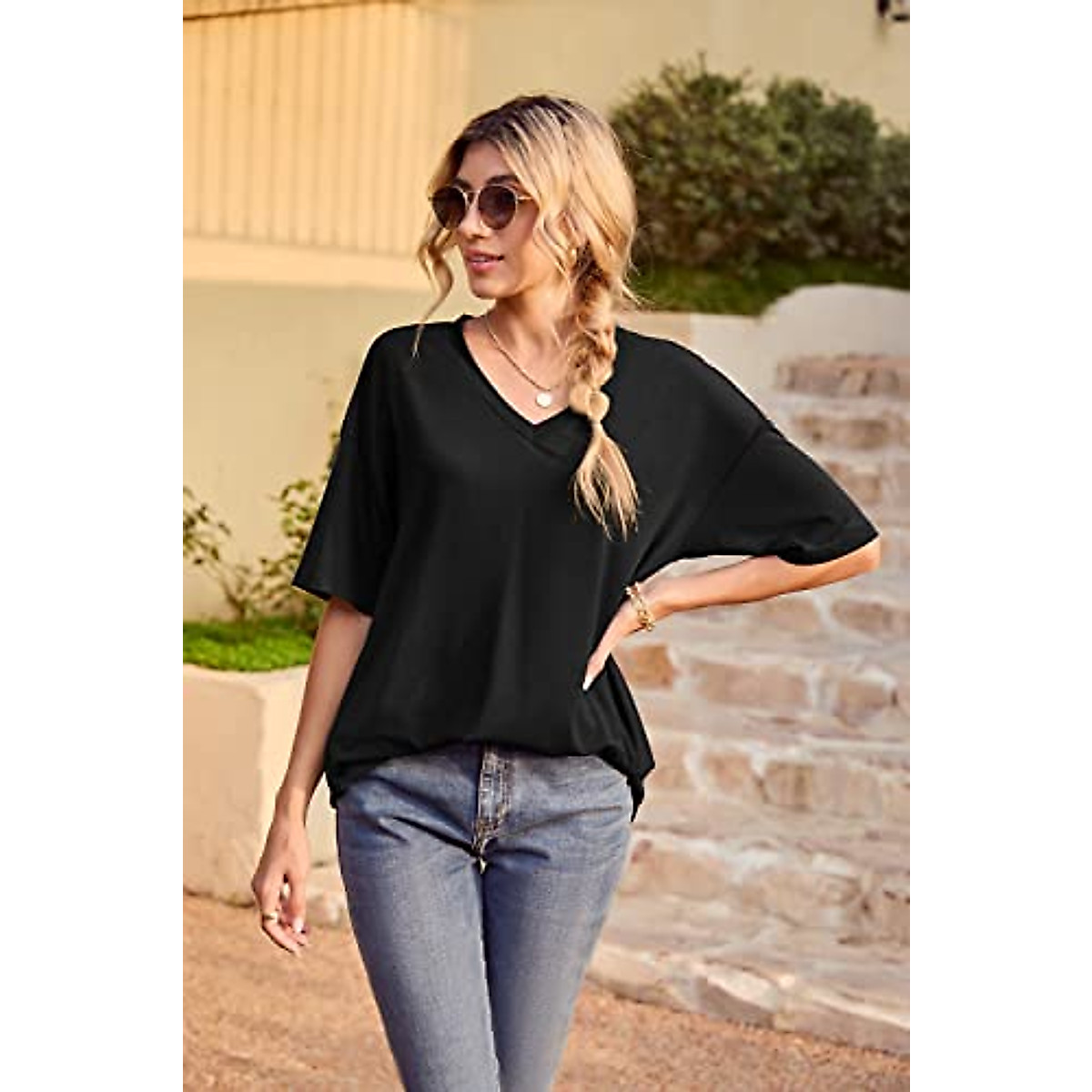 Iandroiy Womens Oversized Tees Loose T Shirts Half Sleeve V Neck Tops (Large, Black)