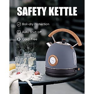 Retro Electric Kettle, 1.7L / 1500W Electric Tea Kettles for Boiling Water, Wood Pattern Handle Blue Stainless Steel Hot Water Boiler with Temperature Display, Auto Shut-off Boil-Dry Protection